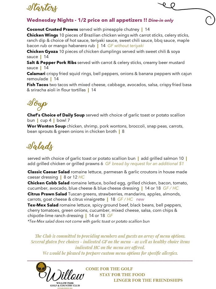 Takeout Menu - Willow Park Golf & Country Club