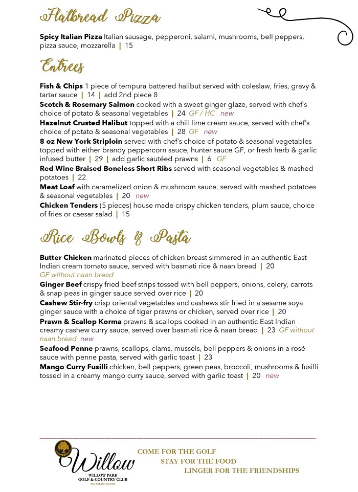 Takeout Menu - Willow Park Golf & Country Club
