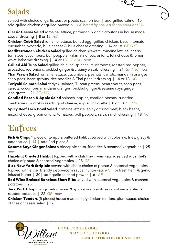Takeout Menu - Willow Park Golf & Country Club