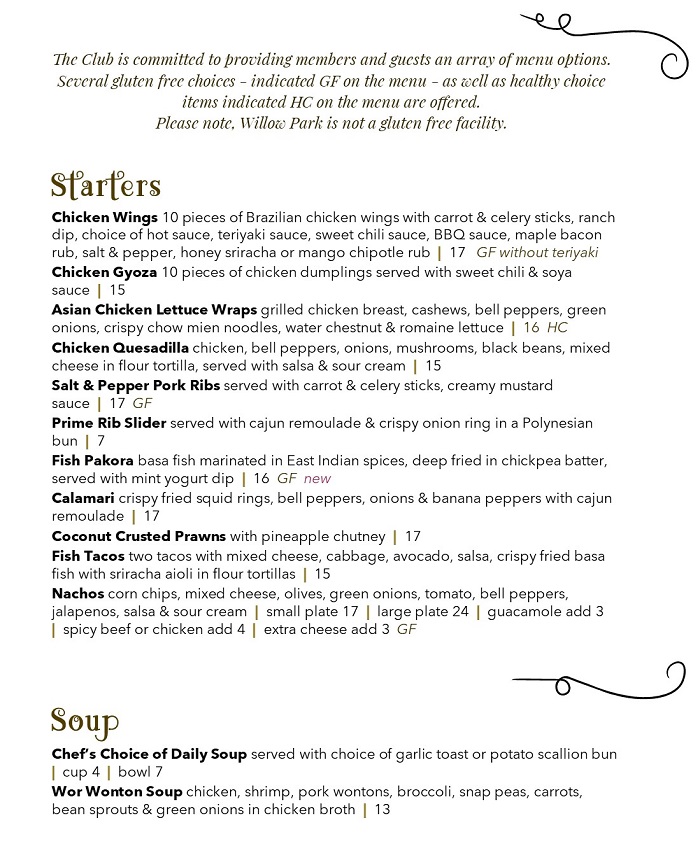 Takeout Menu - Willow Park Golf & Country Club
