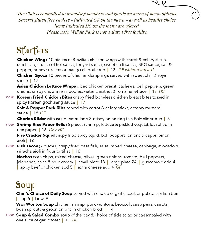 Takeout Menu - Willow Park Golf & Country Club